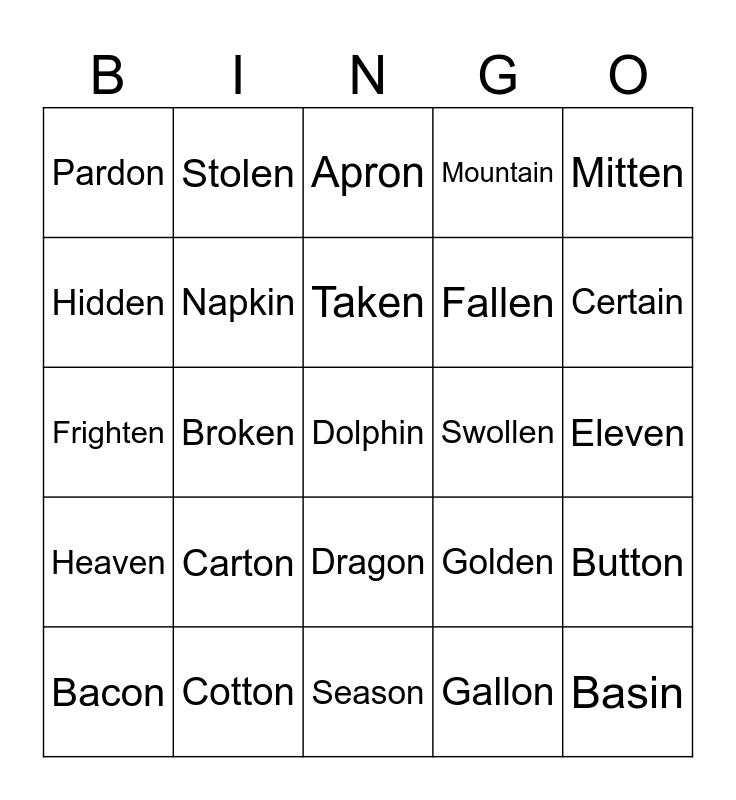 Unaccented Final Syllable - Lesson 18 Bingo Card