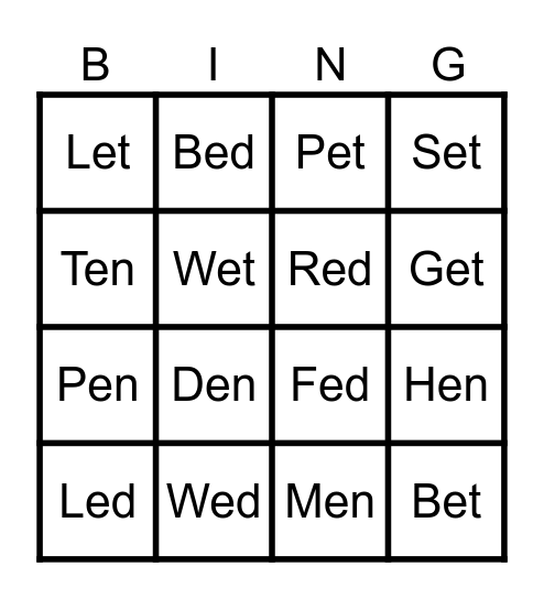 Short E Words Bingo Card