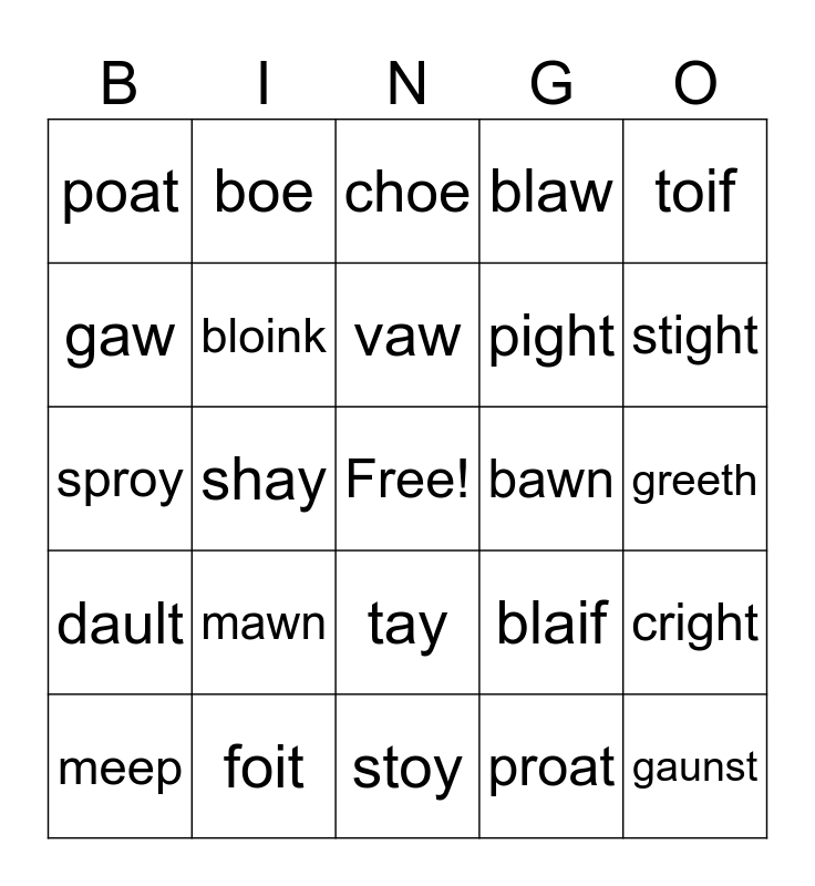Nonsense words predictable Vowel Teams Bingo Card
