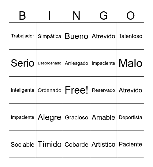 Personality Bingo Card