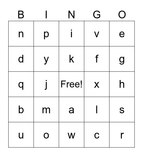 Letter Naming Bingo Card