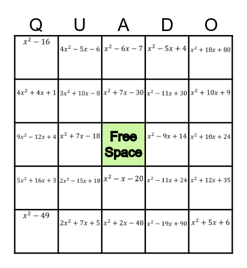 FACTORING QUADRATICS Bingo Card