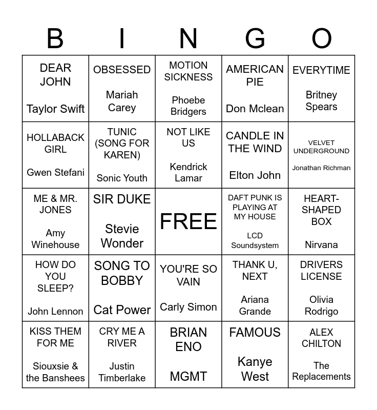 Friendly Fire Bingo Card