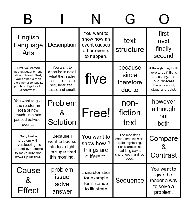 Text Structure Bingo Card