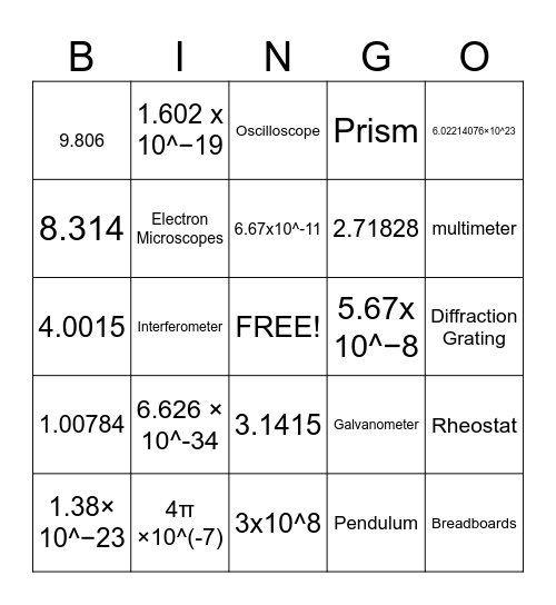 PHYSICS Bingo Card