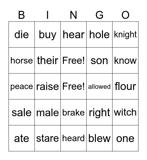 Homophone Review Bingo Card
