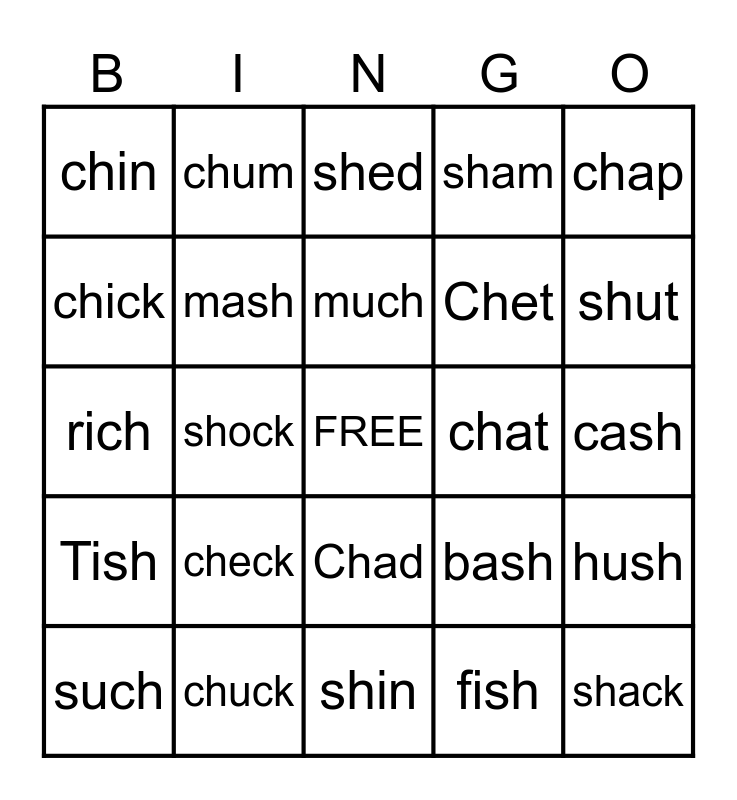 SH and CH Digraphs Bingo Card