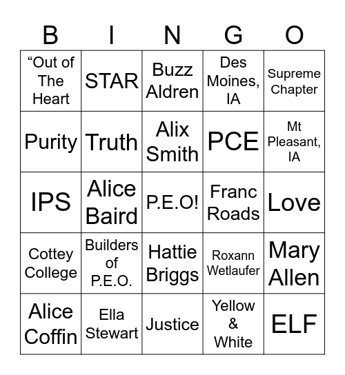 P.E.O. Founders Day Bingo Card