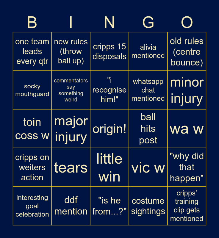 AFL Origin Bingo Card