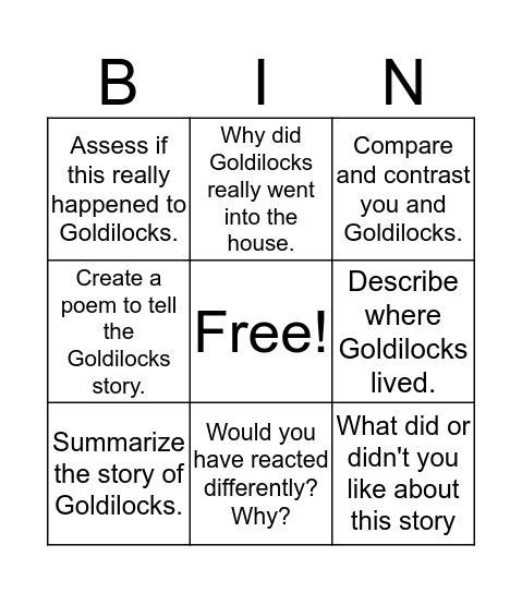 Goldilocks & the Three Bears Bingo Card