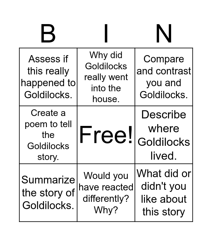 Goldilocks & the Three Bears Bingo Card