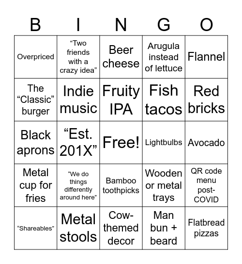 Millennial Burger Joint Bingo Card