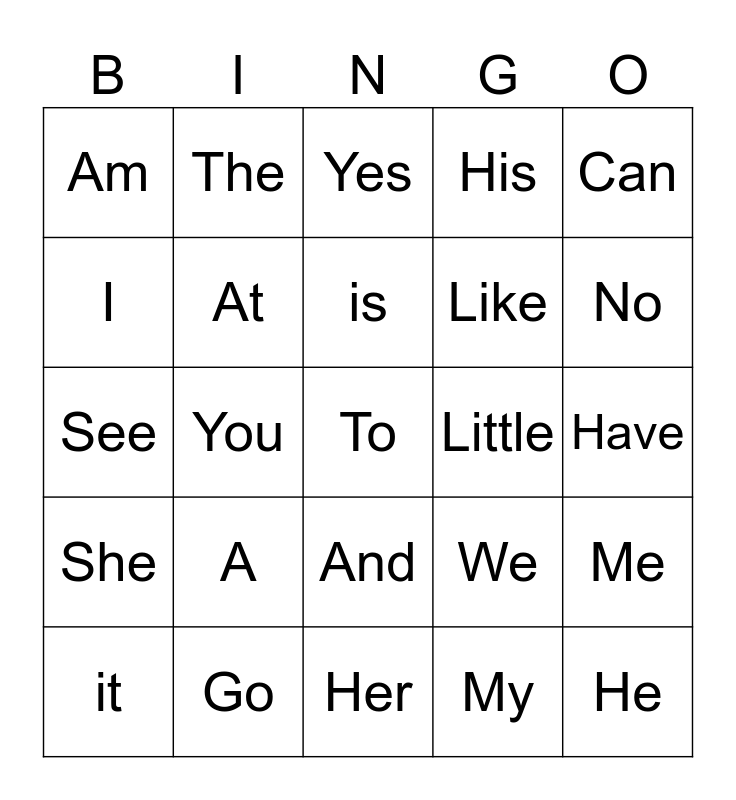 Sight words Bingo Card