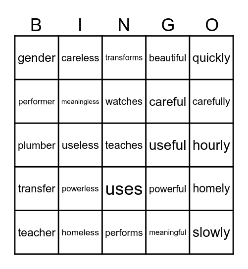 Suffix Bingo Card