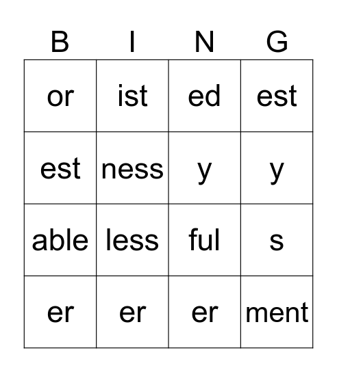Suffix Bingo Card