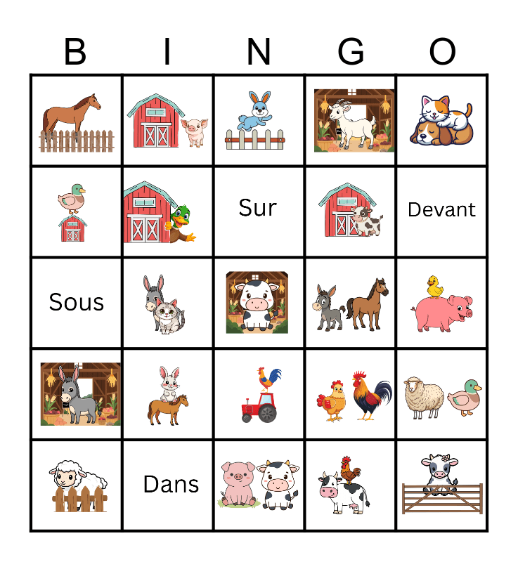 Prépositions françaises 1 Bingo Card