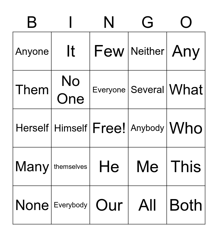 Pronoun Bingo Card