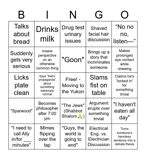 THE FEBRUARY 25th MAX PROVENZANO FAMILY DINNER BINGO Card
