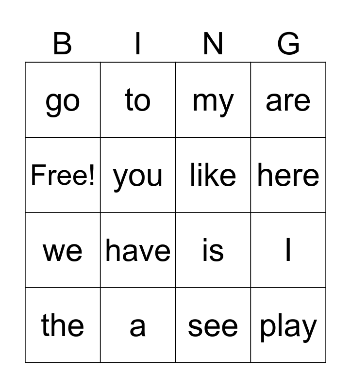 Sightword BINGO Card