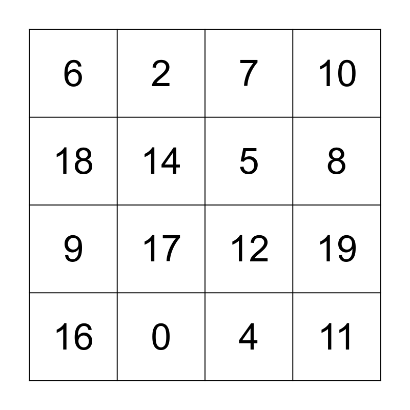 Numbers Bingo Card