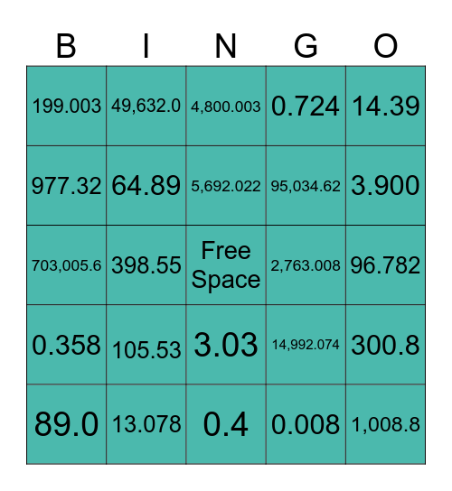 Decimal Bingo Card