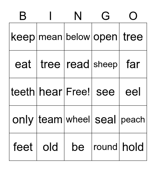 Long e Bingo Card