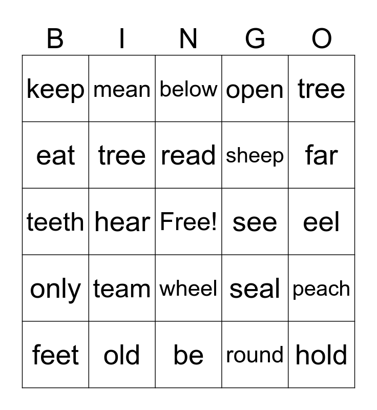 Long e Bingo Card