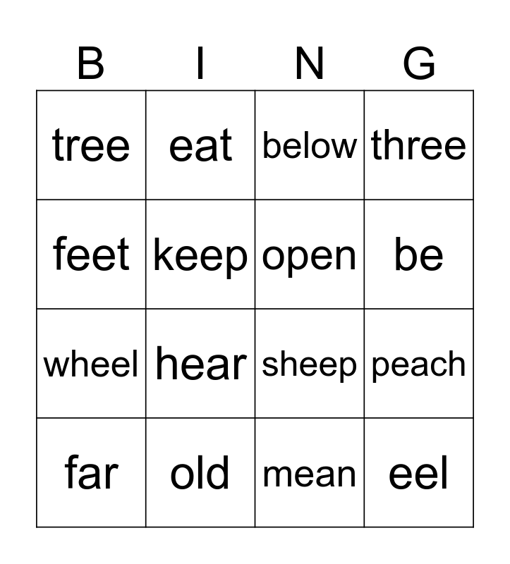 Long e Bingo Card