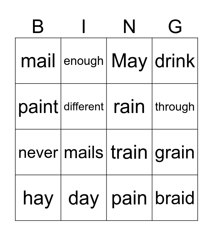 Long e Bingo Card