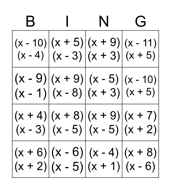 Factoring Trinomials Bingo Card