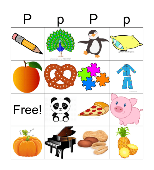 Letter P Bingo Card
