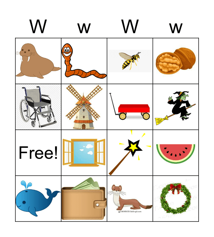 Letter W Bingo Card