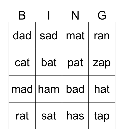 Short A Words Bingo Card