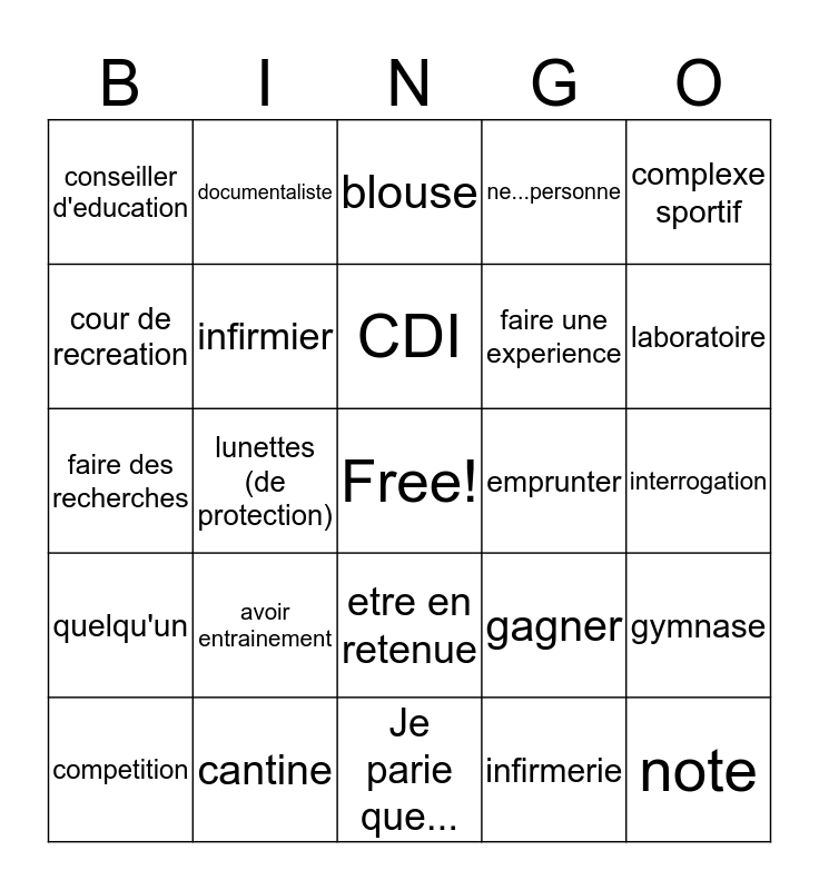 French 2, Chapitre 4, Vocabulaire 1 Bingo Card