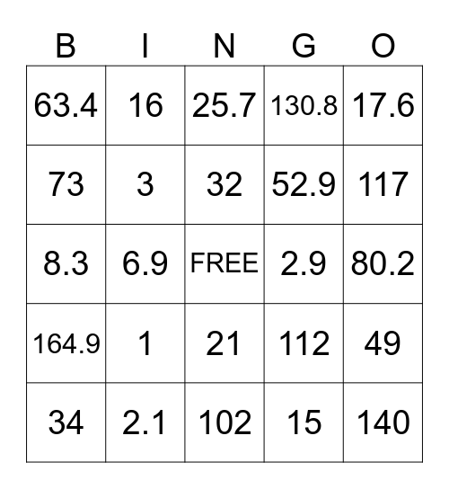 Percent of a Number Bingo Card
