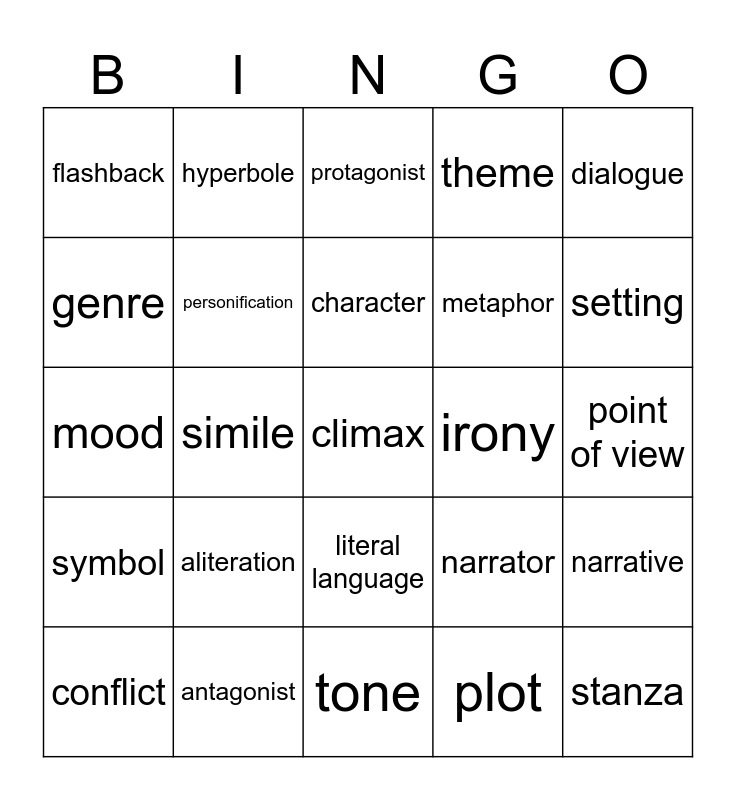 Literary Terms Bingo Card