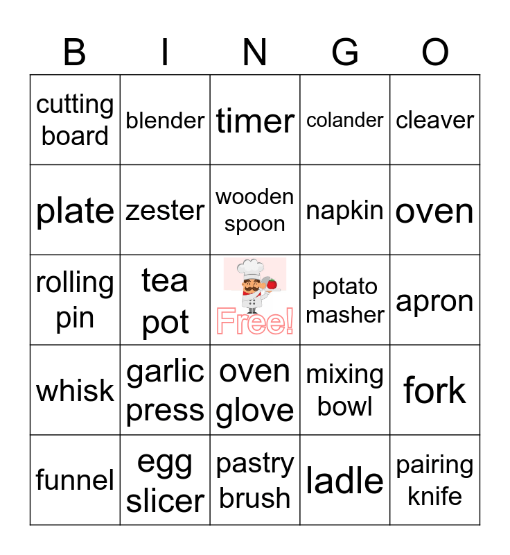 Kitchen Utensils Bingo Card