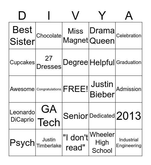 Congratulations Divya! Bingo Card