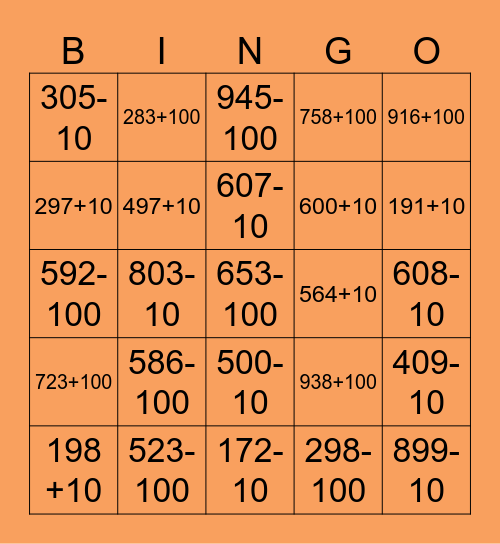 Adding/Subtracting 10 or 100 Bingo Card