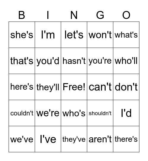 Contraction Bingo Card