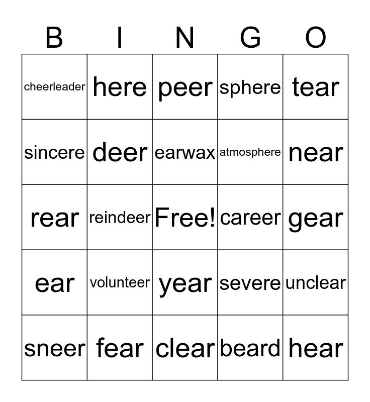 ERE, EAR, EER BINGO Card