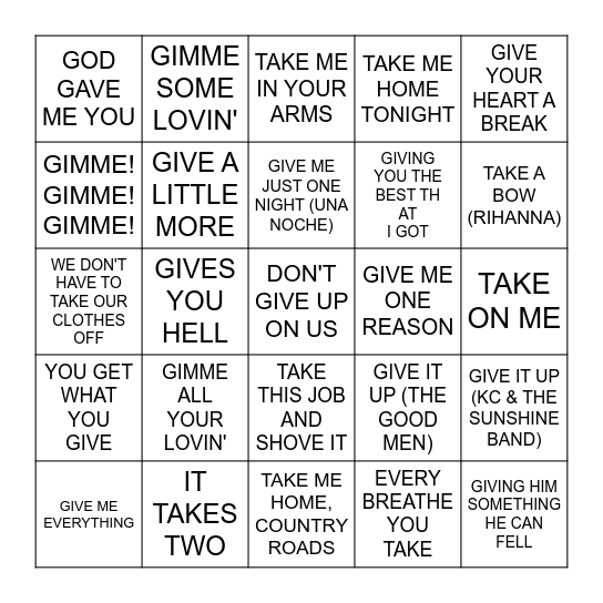 GIVE & TAKE Bingo Card