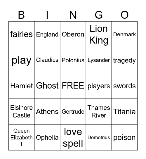 Shakespeare Bingo Card