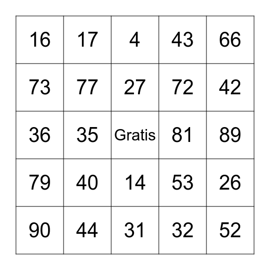 Los números 1-99 Bingo Card