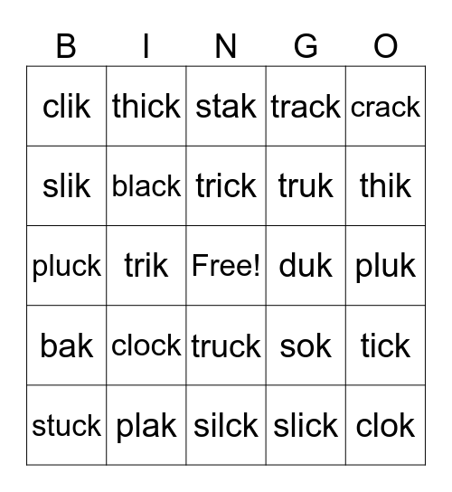 'ck' digraph - needs a short vowel Bingo Card