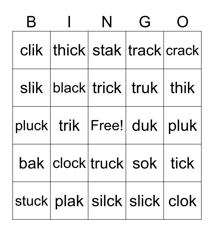 'ck' digraph - needs a short vowel Bingo Card