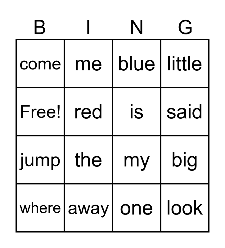 Pre Primer List 3 Bingo Card