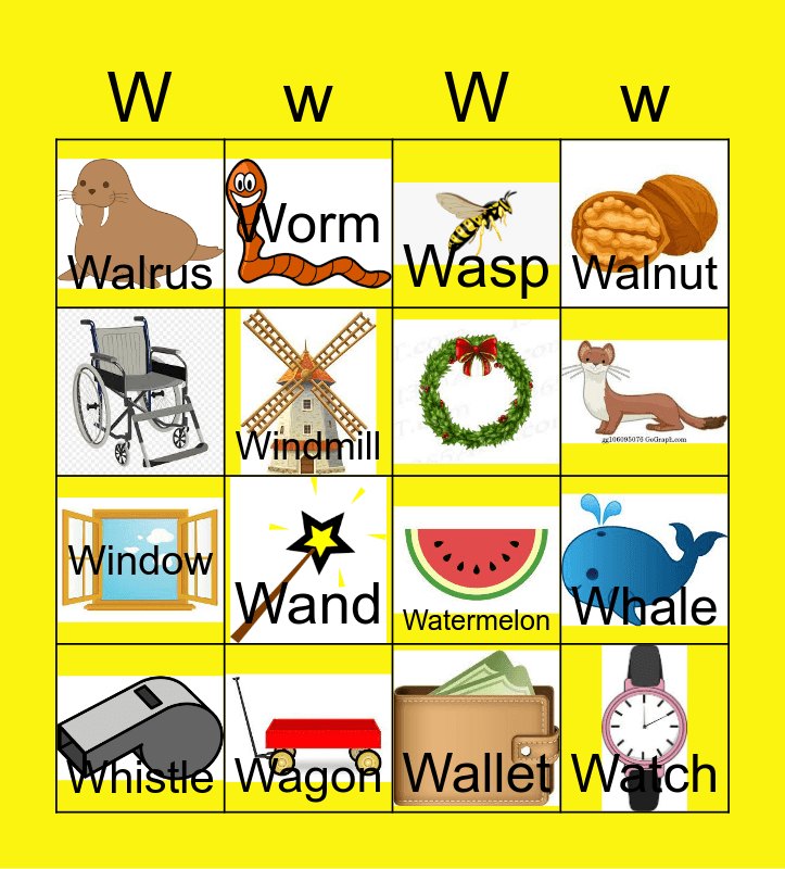 Letter W Bingo Card