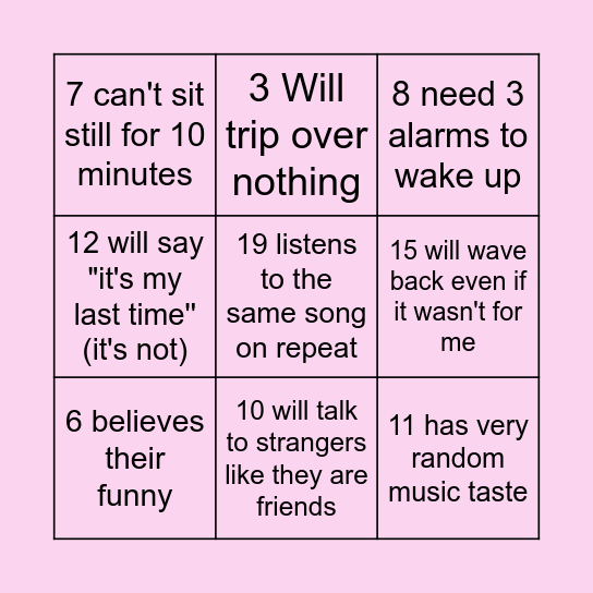 Get to know me bingo Card