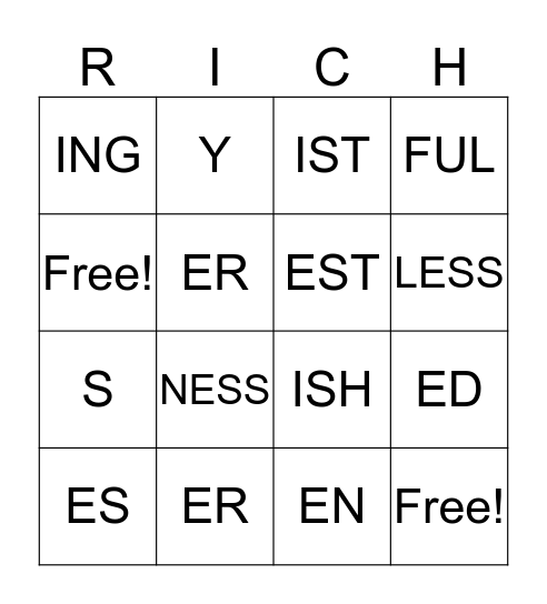 Suffixes (2) Bingo Card